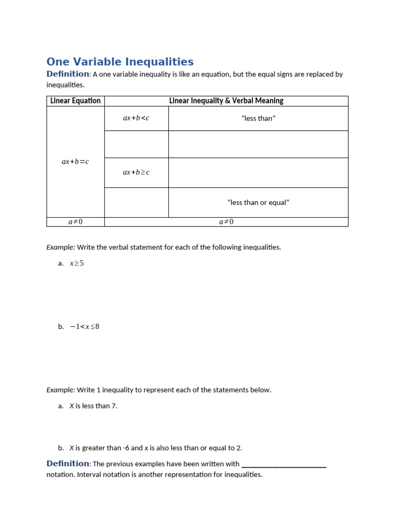 8-1 One Variable Inequality Note Outlines-1 | PDF