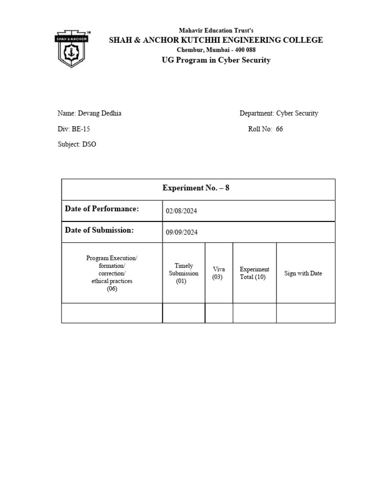 Be-15 66 Dso Exp8 | PDF | Vulnerability (Computing) | Computer Security