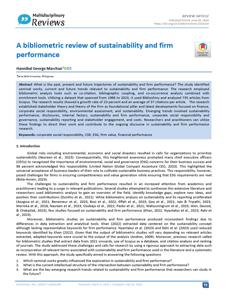 A Bibliometric Review of Sustainability and Firm Performance | PDF | Corporate Social ...