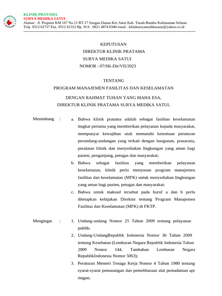 R - SK Program Manajemen Fasilitas Dan Keselamatan (MFK) - 2 | PDF