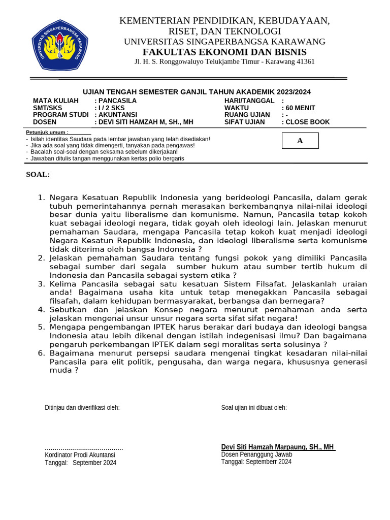 Soal Uts Akuntansi Ganjil-2024-2025-Devi SHM | PDF | Karier & Perkembangan | Sains & Matematika