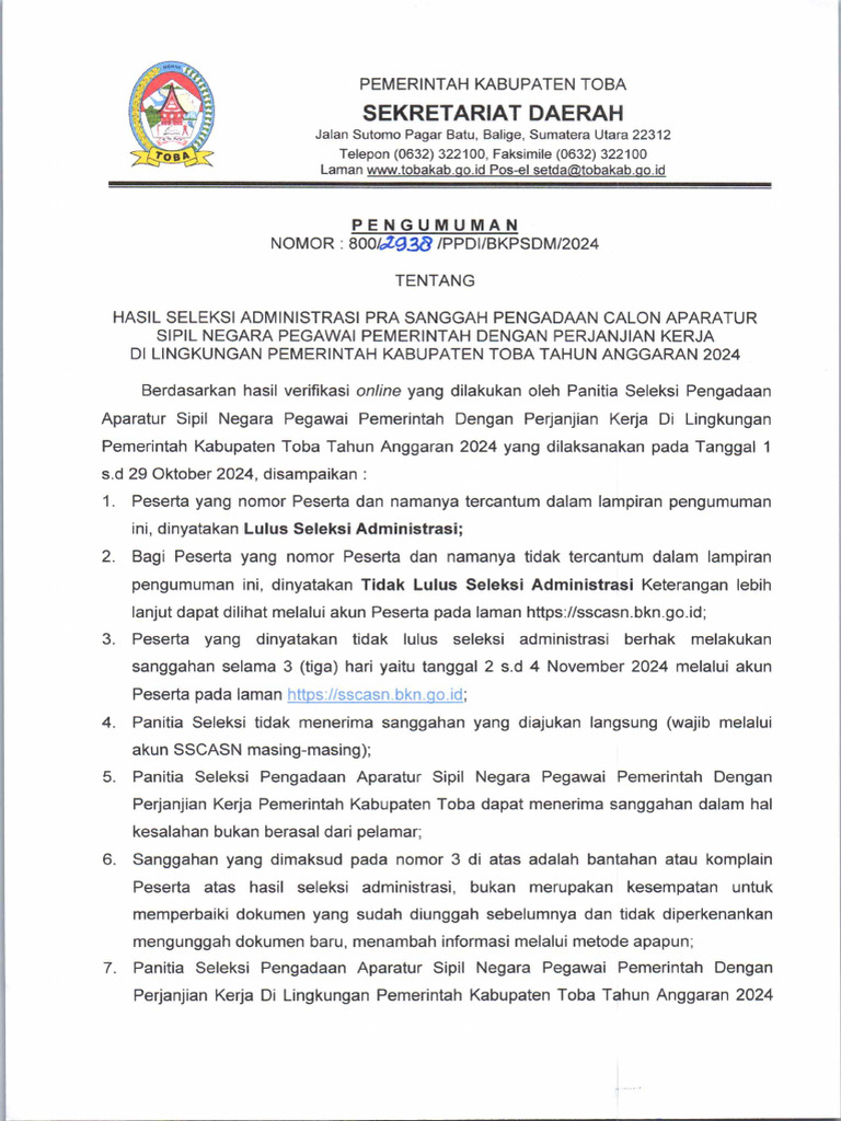 Pengumuman Hasil Seleksi Administrasi Pra Sanggah PPPK Kab Toba | PDF