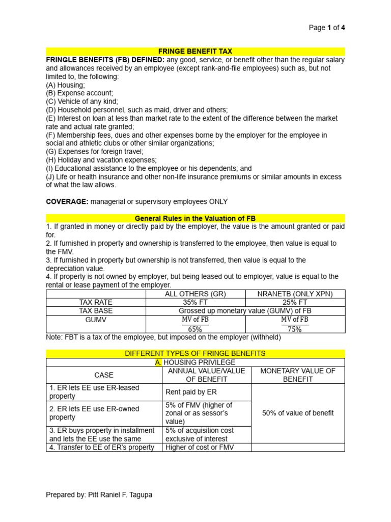Handout On Fringe Benefit Taxation and Compensation Income | PDF ...