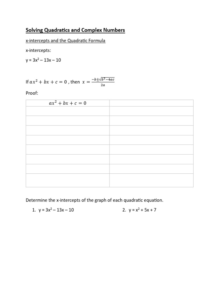 3 Solving Quadratics and Complex Numbers Blank | PDF | Factorization ...