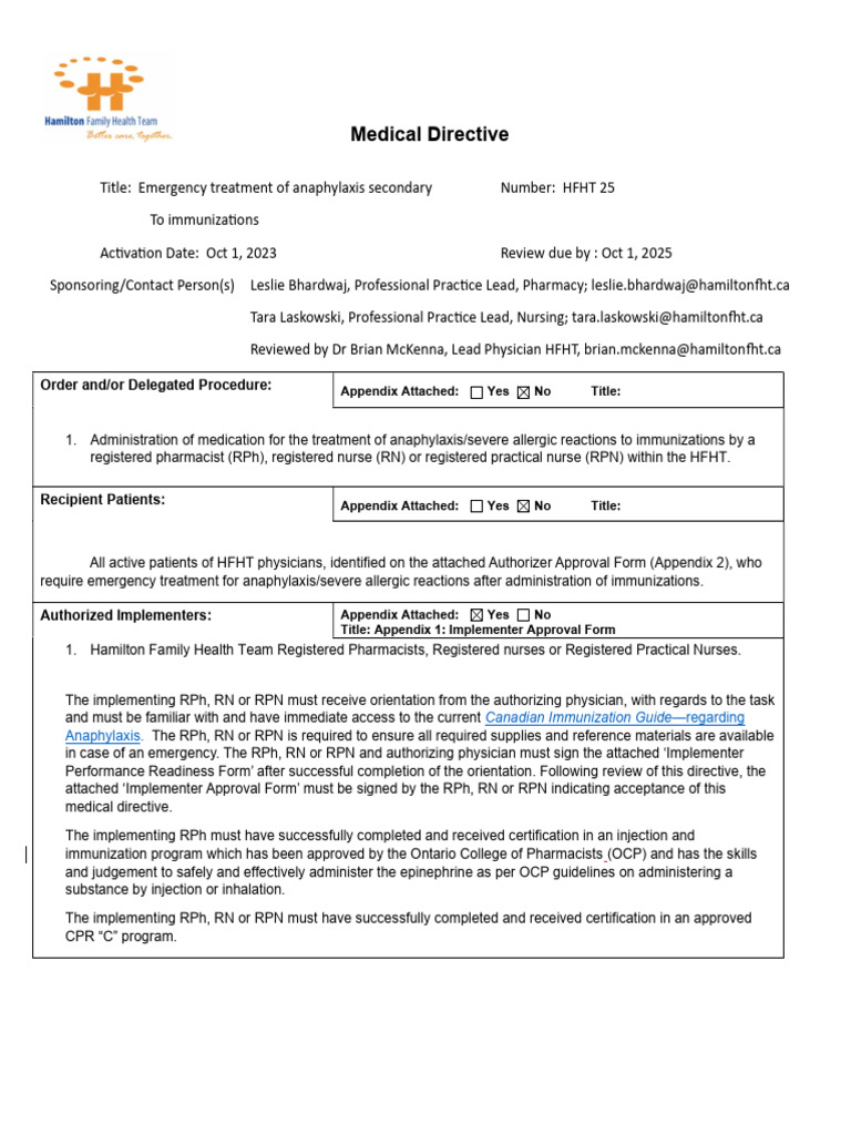 Medical Directive - Emergency Treatment of Anaphylaxis Secondary To ...
