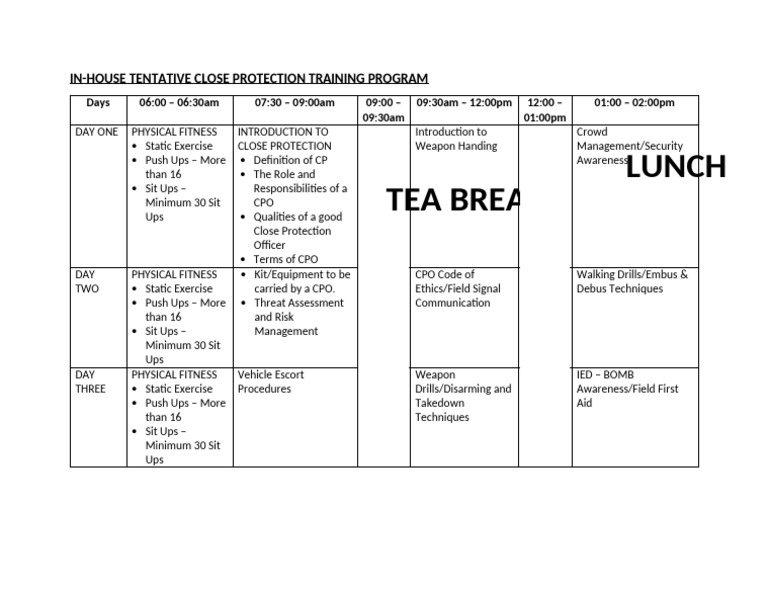 Tea Break Lunch: In-House Tentative Close Protection Training Program | PDF