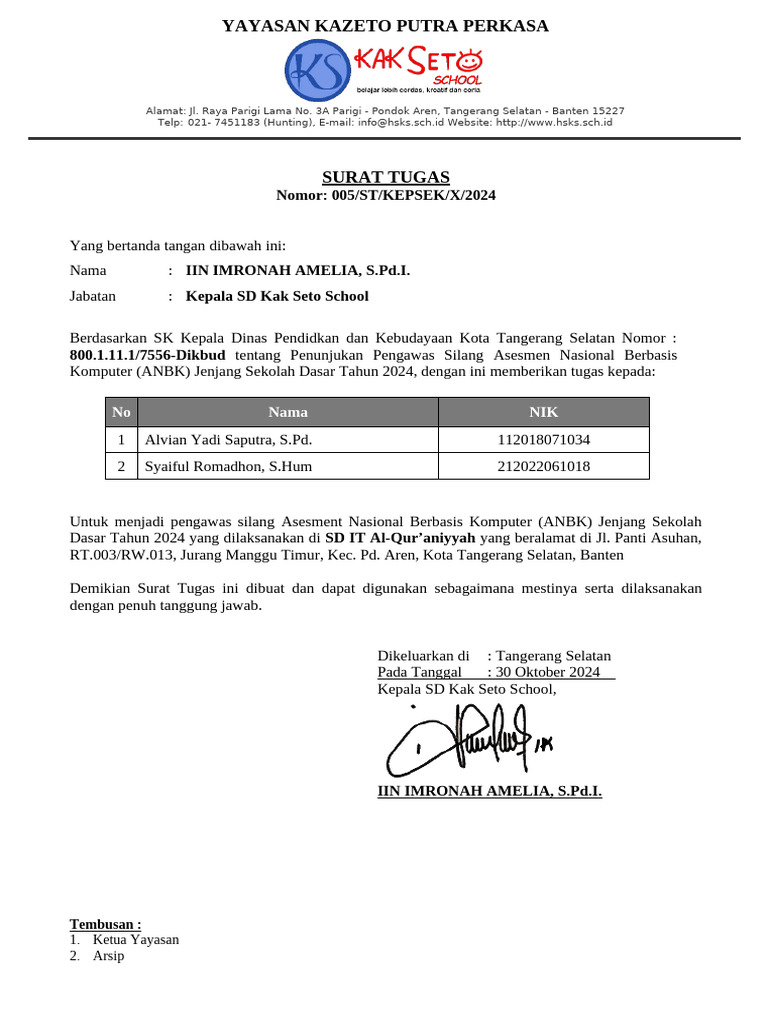 KSS - SURAT TUGAS (Pengawas Silang ANBK SD 2024) | PDF
