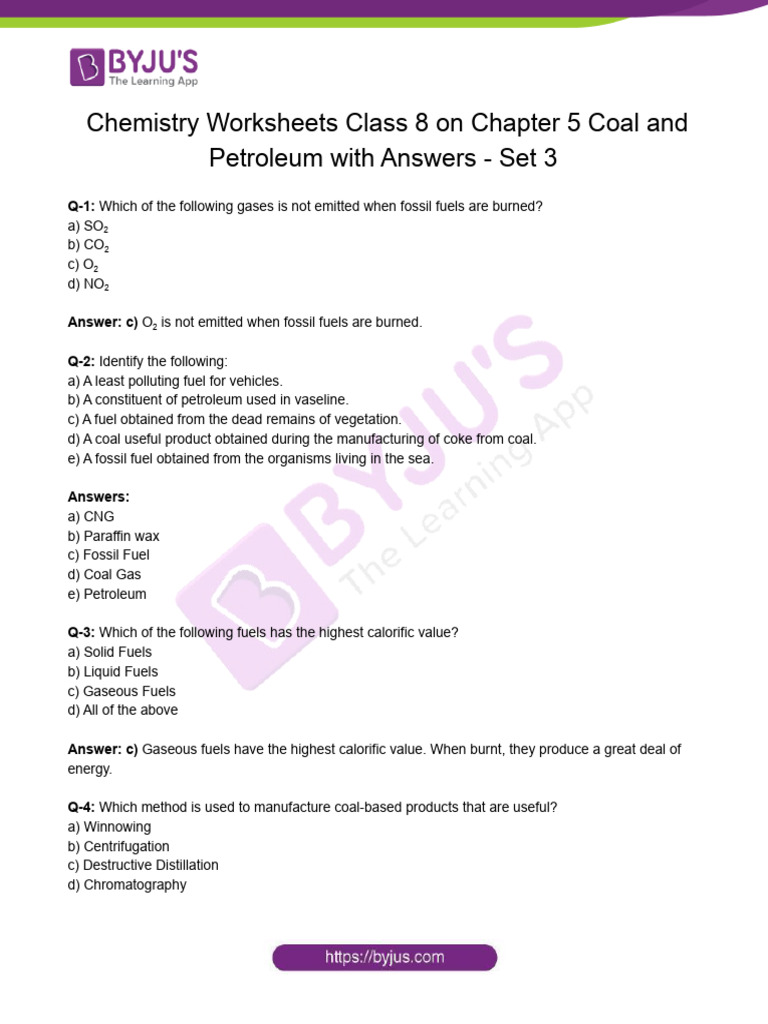 Chemistry Worksheets Class 8 On Chapter 5 Coal and Petroleum With Answers Set 3 | PDF | Fuels ...
