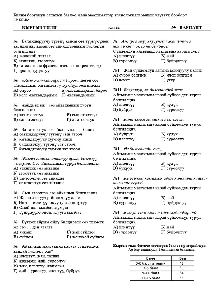Kyrgyz Tili 8 Klass 5 Variant | PDF