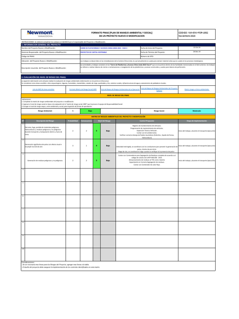Formato de Plan de Manejo Ambiental y Social (PMAS) de Un Cambio o ...