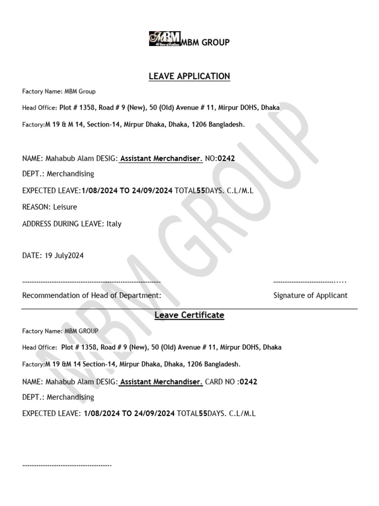 Leave Application . | PDF