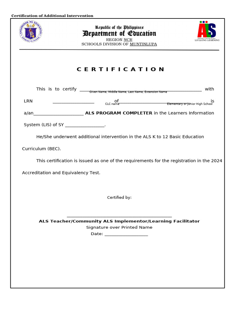 ALS Program Completion Certification | PDF