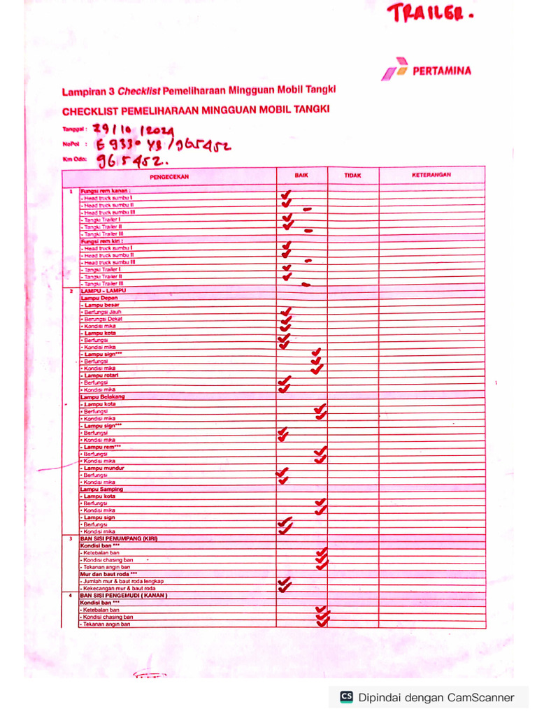 Checklist Pemeriksaan Mingguan Mobil Tangki E 9330 YB 29-10-2024 09.55 ...