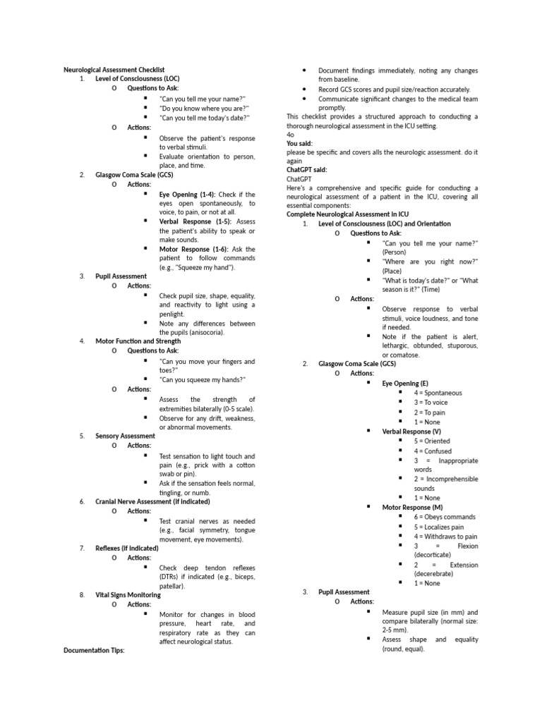 Neurological Assessment Checklist | PDF | Nervous System | Clinical ...