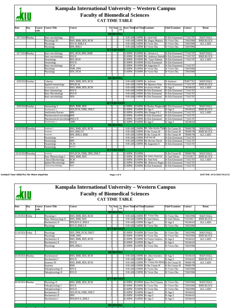 Biomedical Sciences CAT Timetable 2024 | PDF | Dental Degree | Medicine