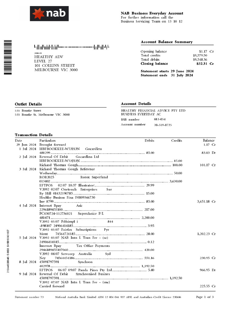 NAB Business Account Statement Summary | PDF | Debit Card | Retail ...