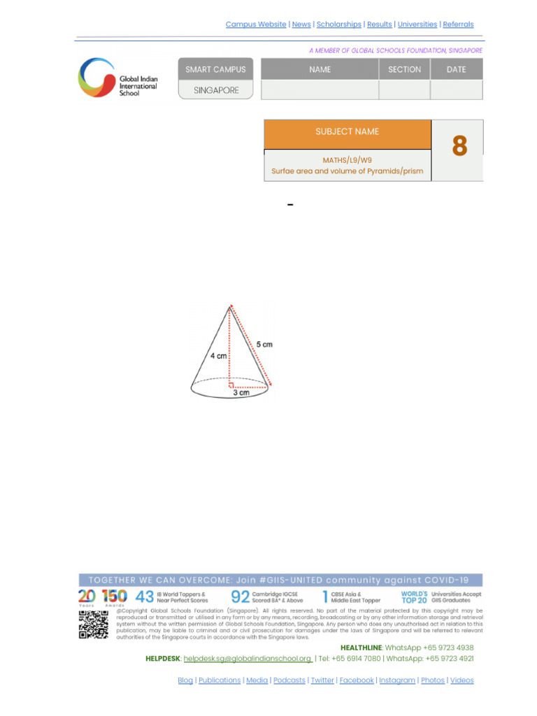 WS - Pyramids, Cones | PDF | Area | Volume