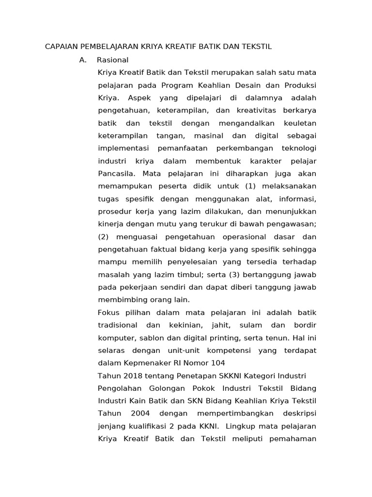 Capaian Pembelajaran Kriya Batik dan Tekstil | PDF