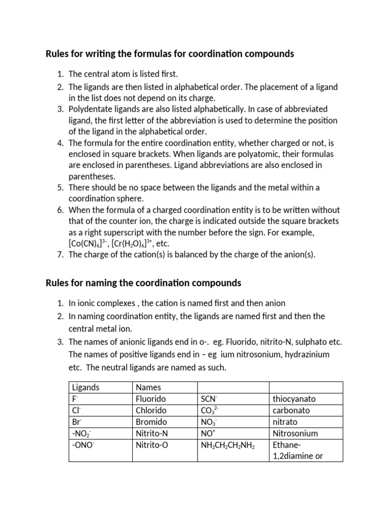 Rules For Naming The Coordination Compounds | PDF | Ligand | Coordination Complex