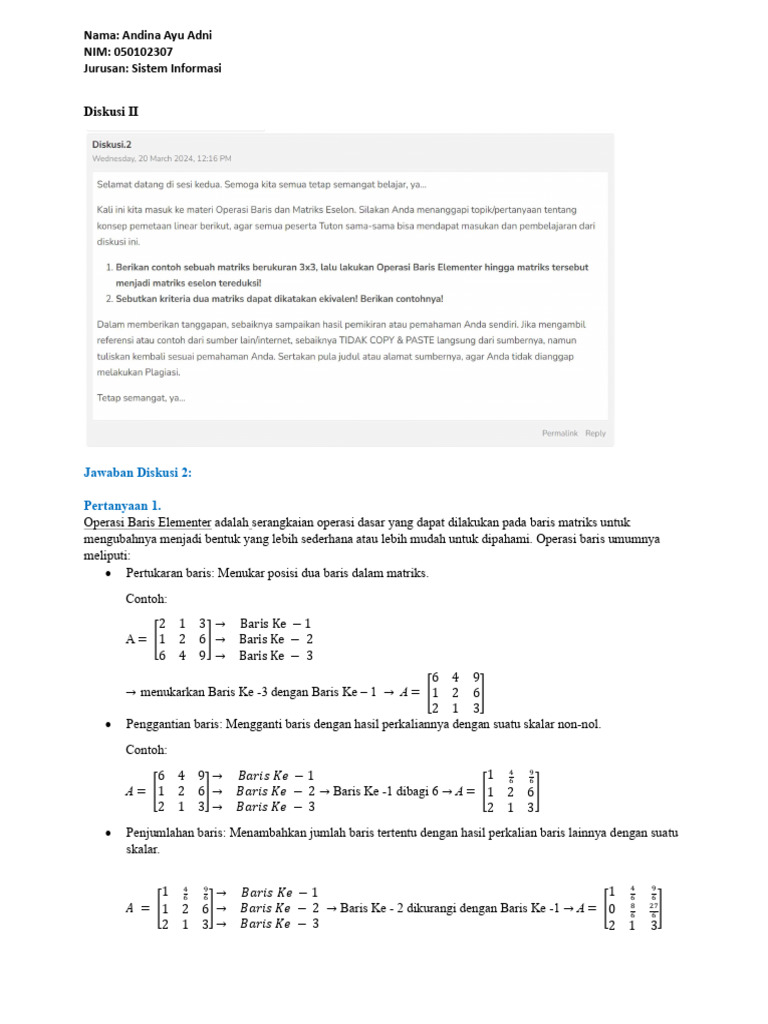MATA4112 Aljabar Linear Elementer I Diskusi Sesi 2 | PDF