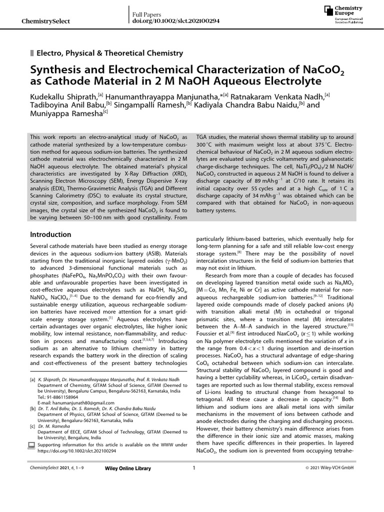 NaCoO2 As Cathode Material Chemselect Gally 2021 | PDF | Sodium | Materials
