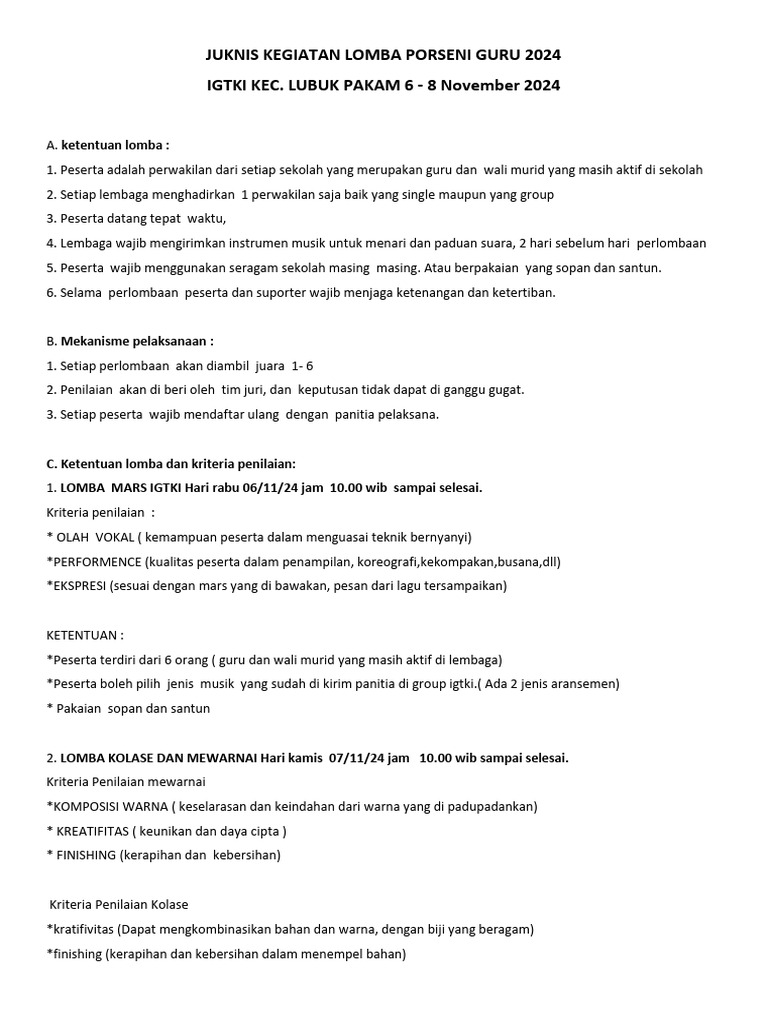 Juknis Kegiatan Lomba Porseni Guru Igtki Kec. Lubuk Pakam 2024 | PDF | Perjalanan | Seni