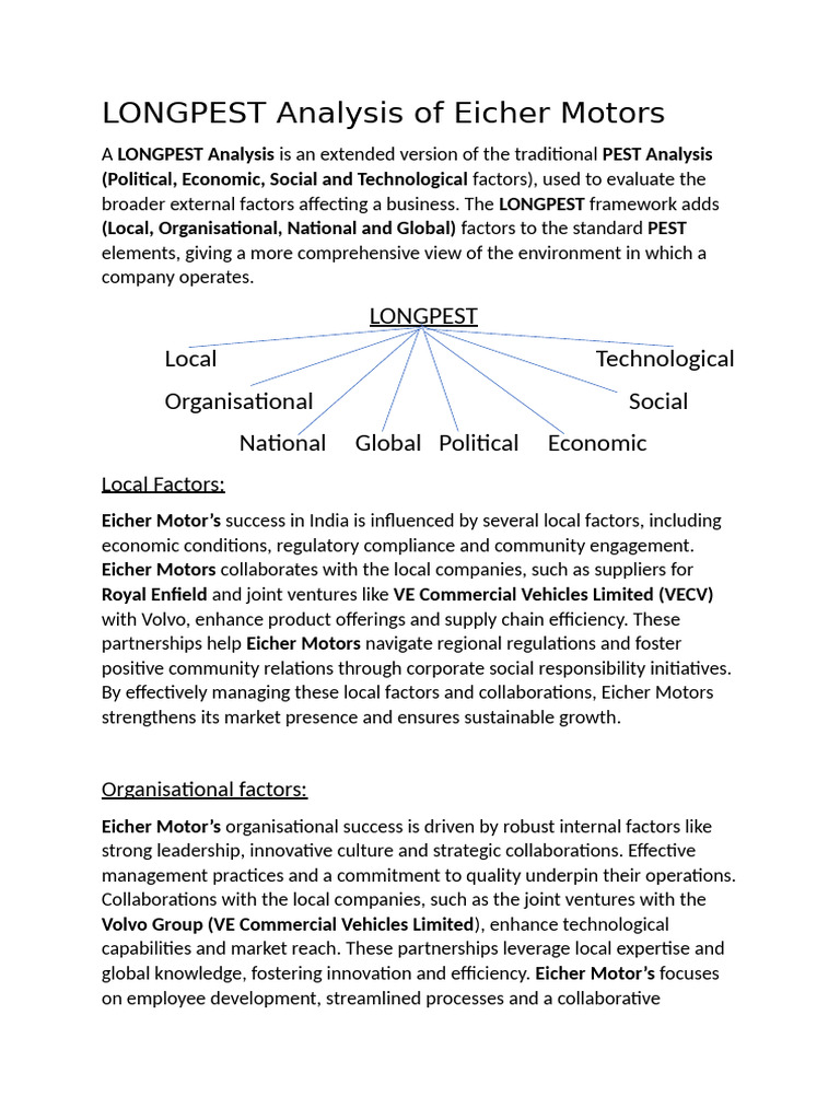 LoNGPEST Analysis of Eicher Motors | PDF | Innovation | Supply Chain