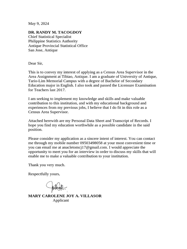 Census Supervisor Application Letter | PDF