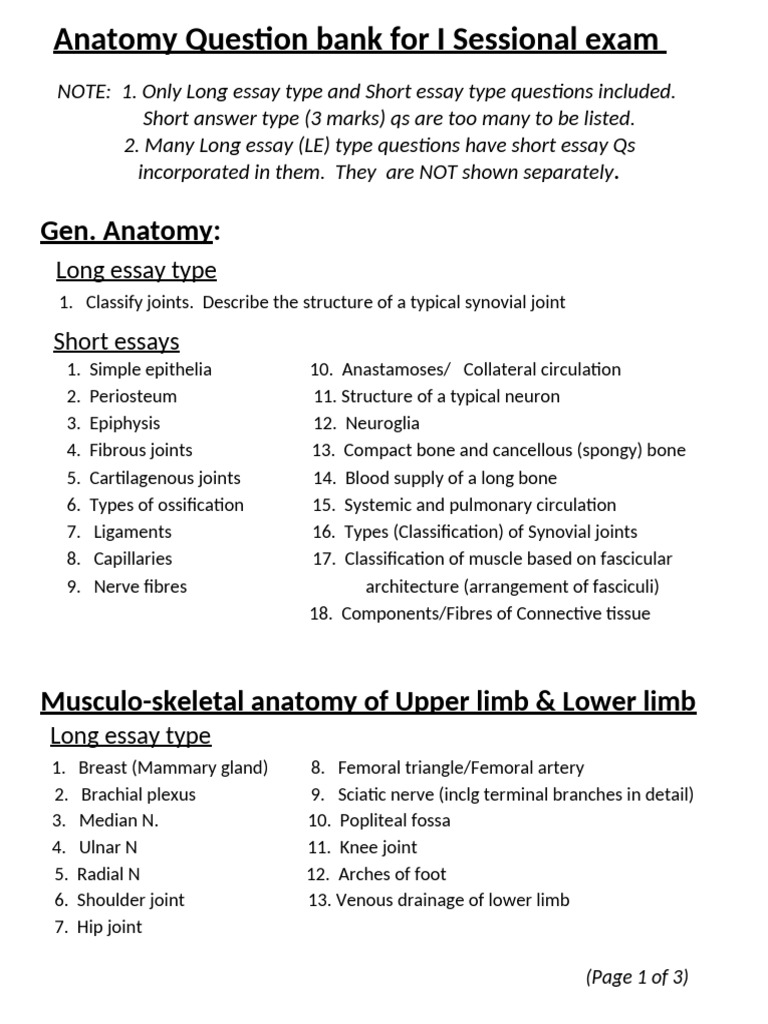 Q Bank For I Sessional Exam | PDF | Human Leg | Elbow