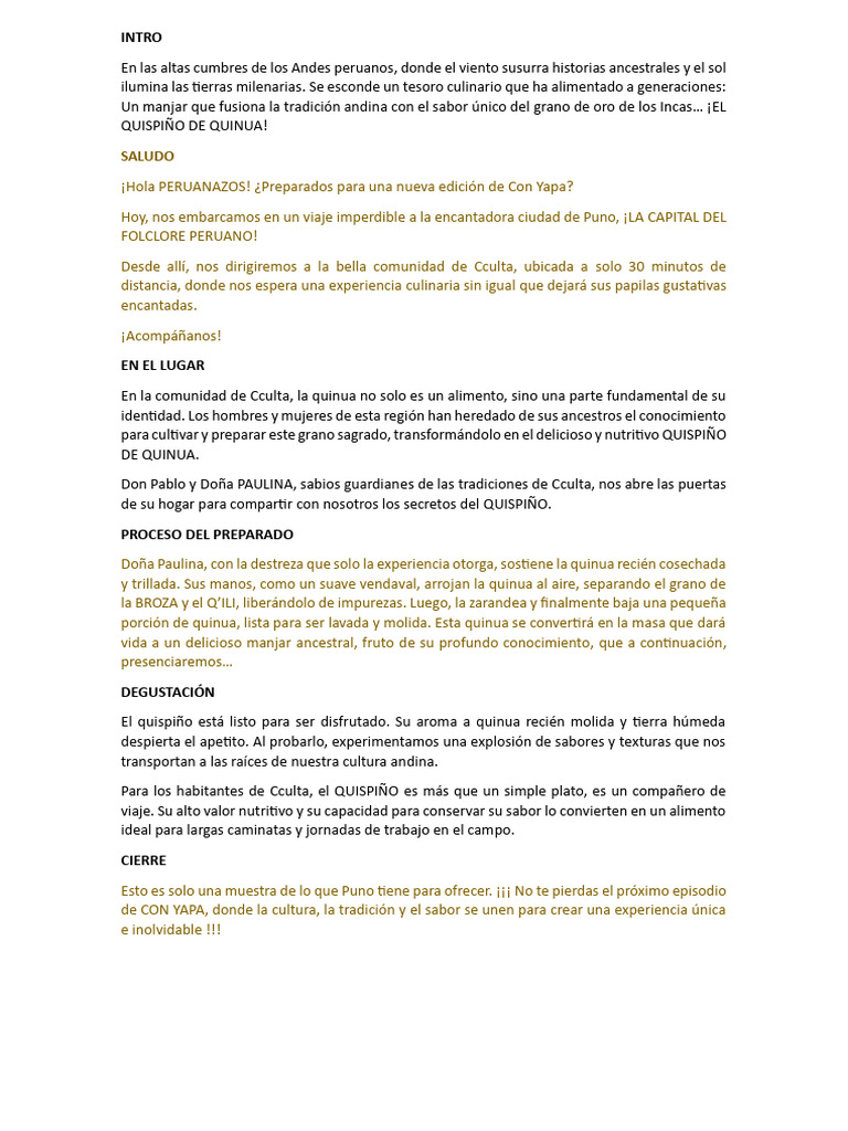 Guión de Con Yapa - Quispiño | PDF | Cocina, comidas y vino