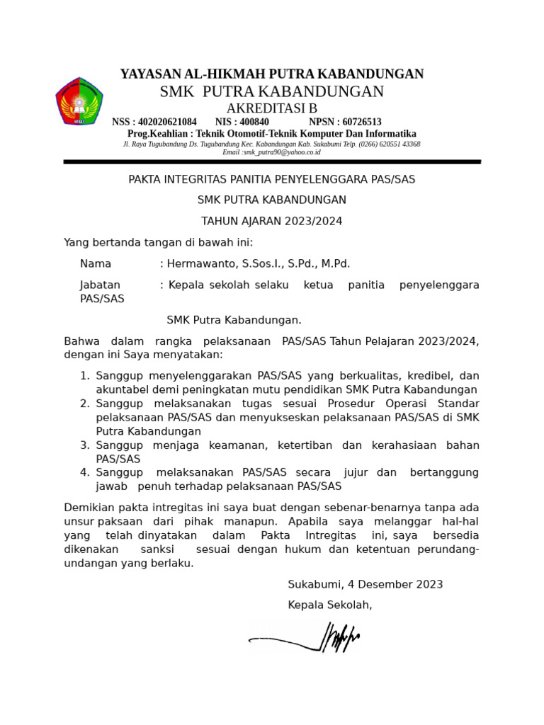 Pakta Integritas PAS/SAS SMK Putra Kabandungan | PDF