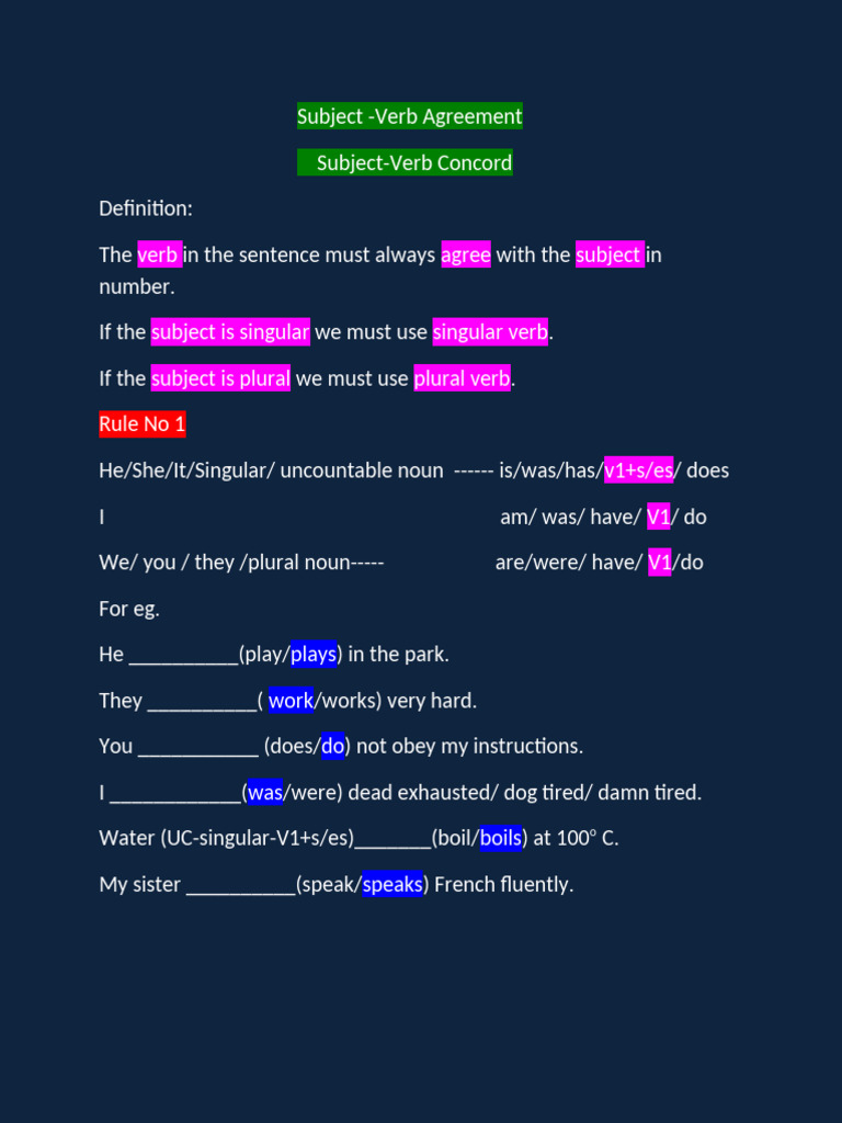 Subject Verb Agreement (Master File) (Notes +assignment +answerkey) - 1 ...
