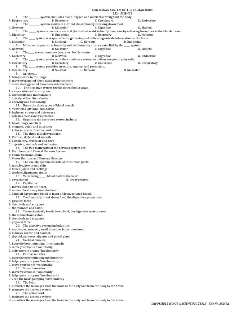 Organ Systems Quiz for Students | PDF | Human Body | Muscle