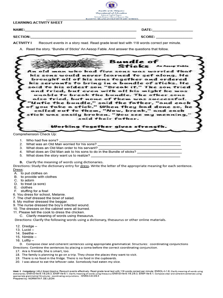 Grade 5 Reading Comprehension Activity | PDF | Linguistics