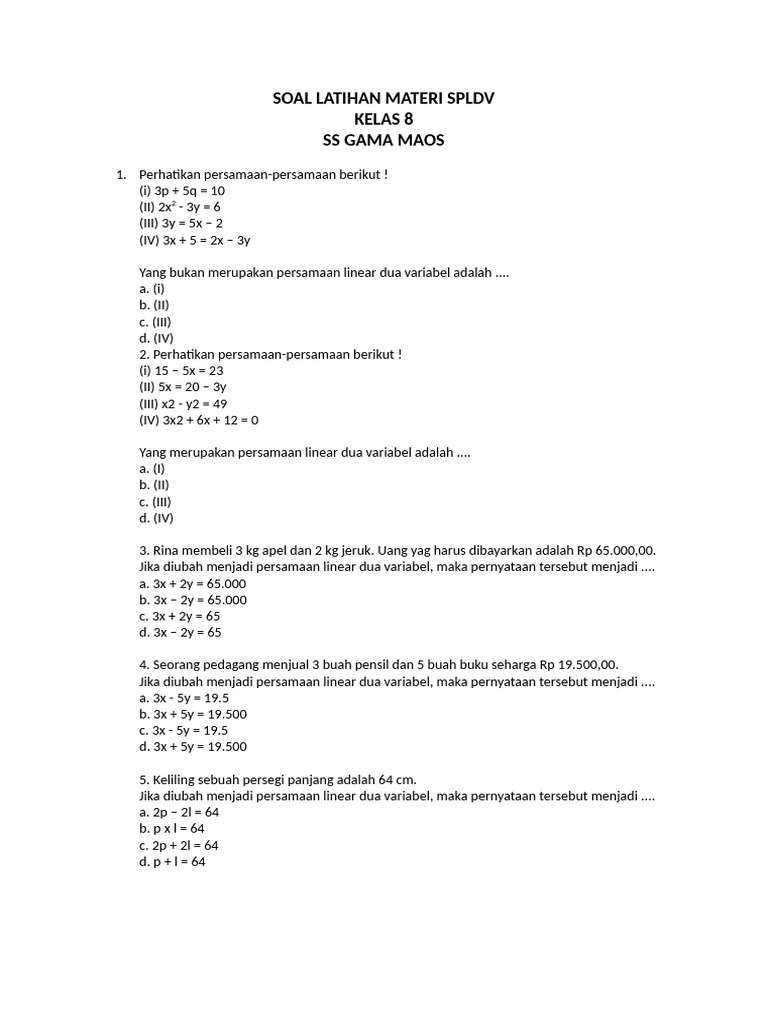 Soal Latihan Materi SPLDV Kelas 8 SS Gama Maos | PDF | Sains & Matematika | Komputer