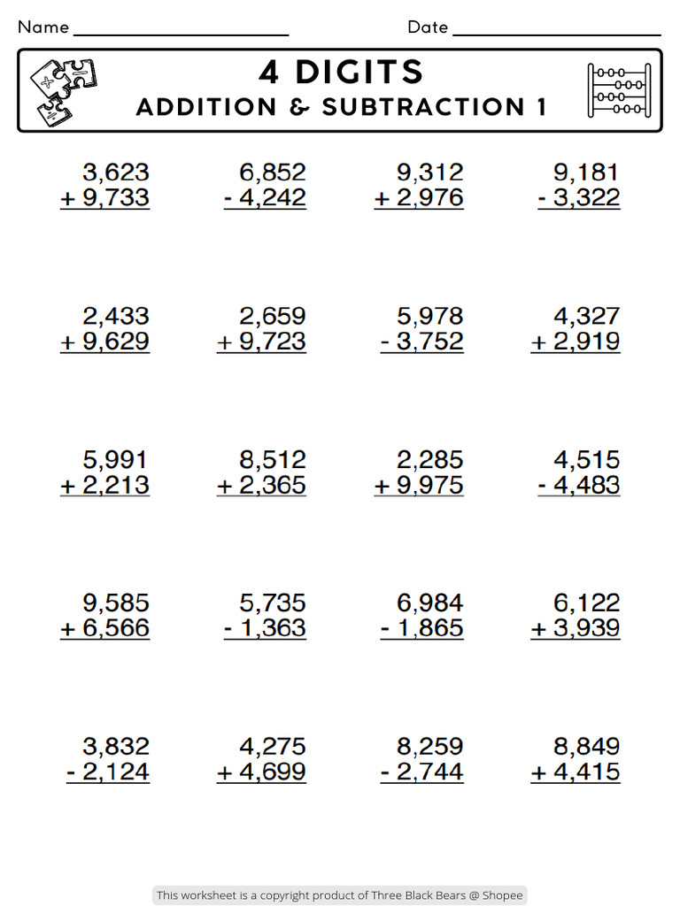 4-Digit Addition & Subtraction Worksheets | PDF | Social Science