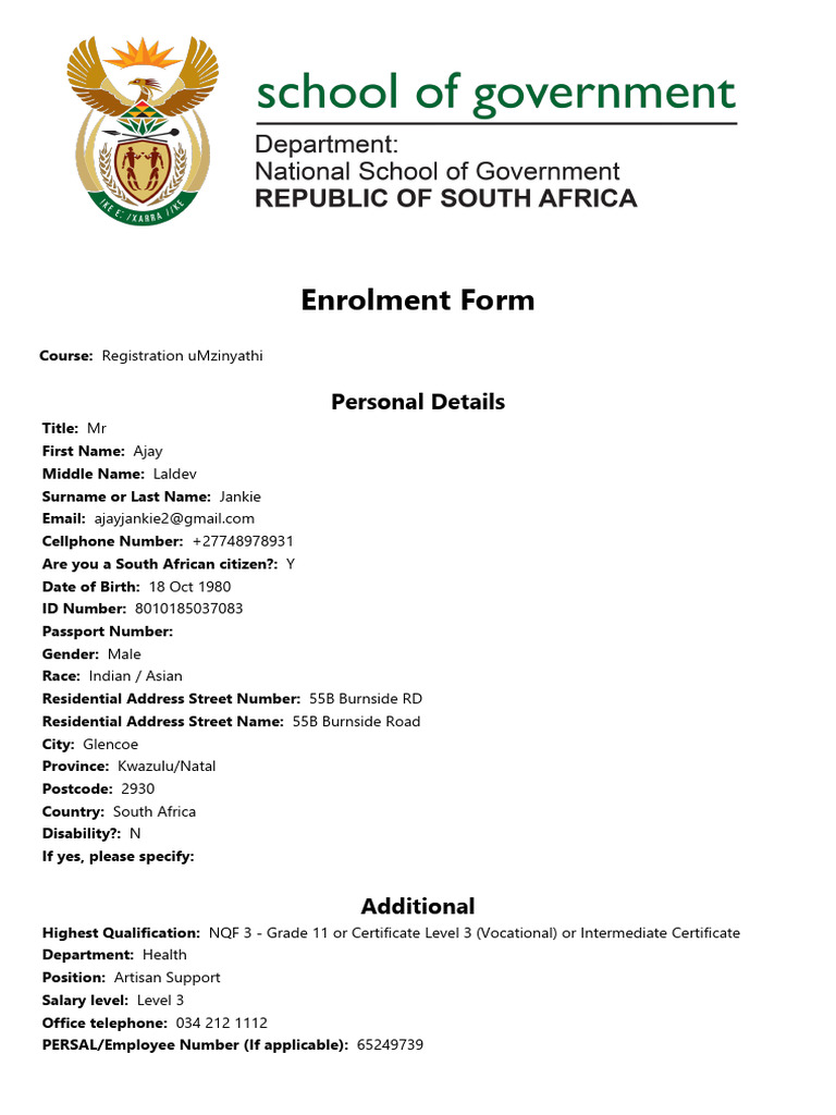 Application Ajay Jankie - Registration UMzinyathi | PDF | Career & Growth