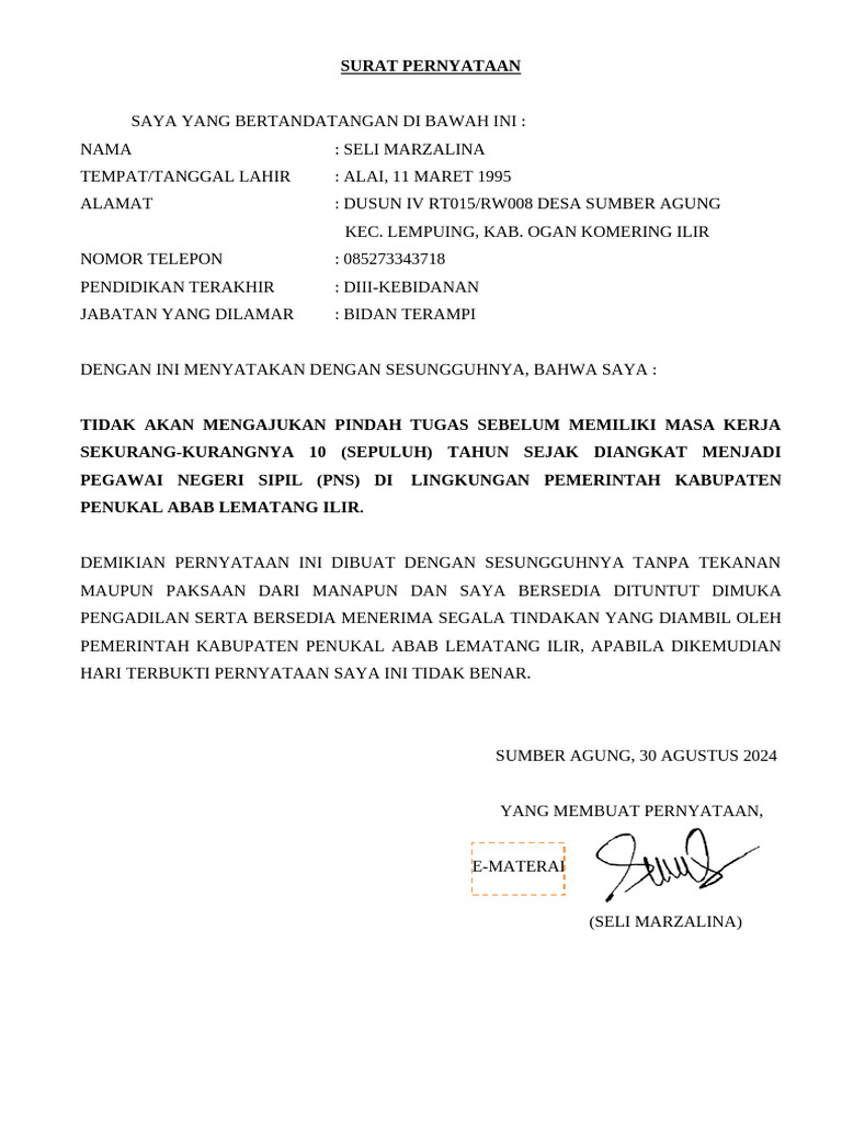 Surat Pernyataan Bersedia Mengabdi | PDF