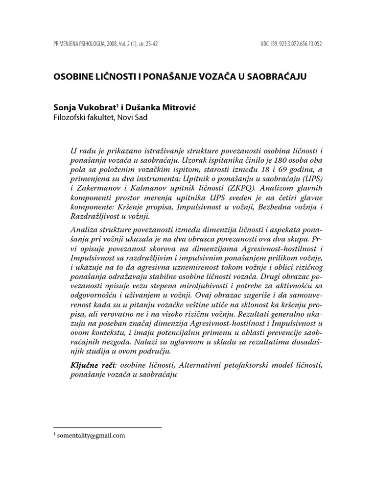 Osobine Licnosti I Ponasanje Vozaca U Sa | PDF
