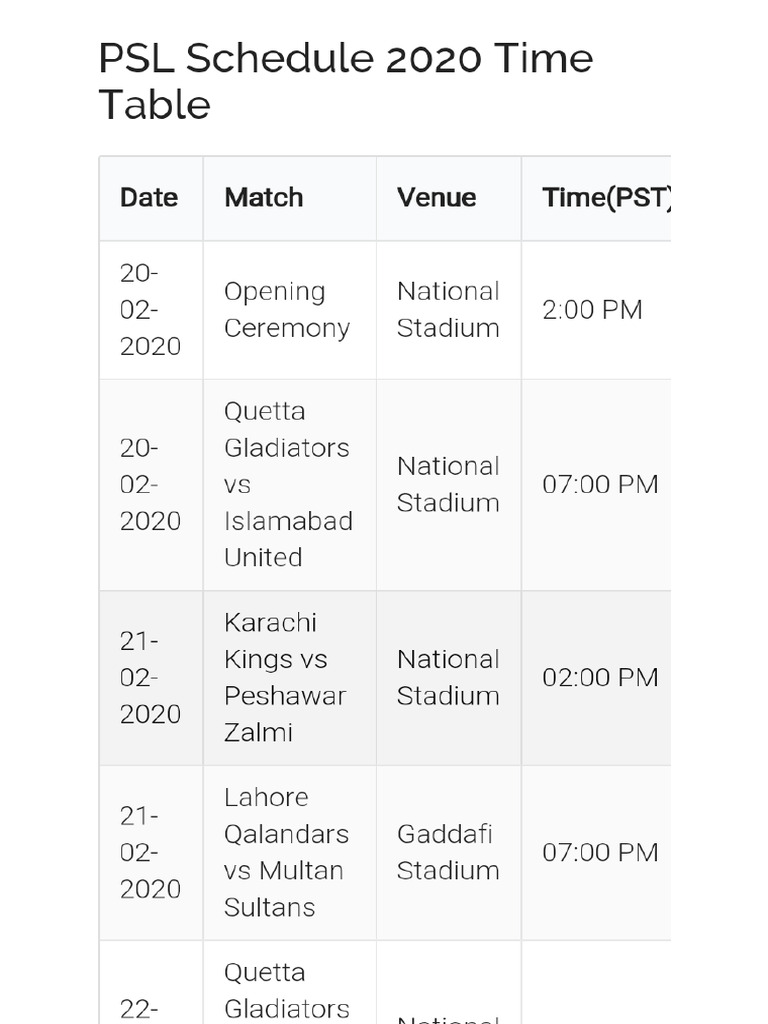 PSL 2020 Shedule and Time. | PDF