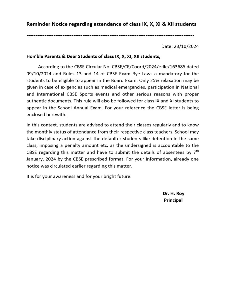 Reminder Notice Attendance IX X XI XII | PDF