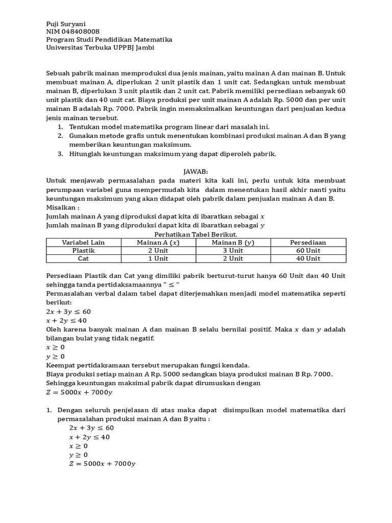 Model Program Linear Keuntungan Pabrik Mainan | PDF