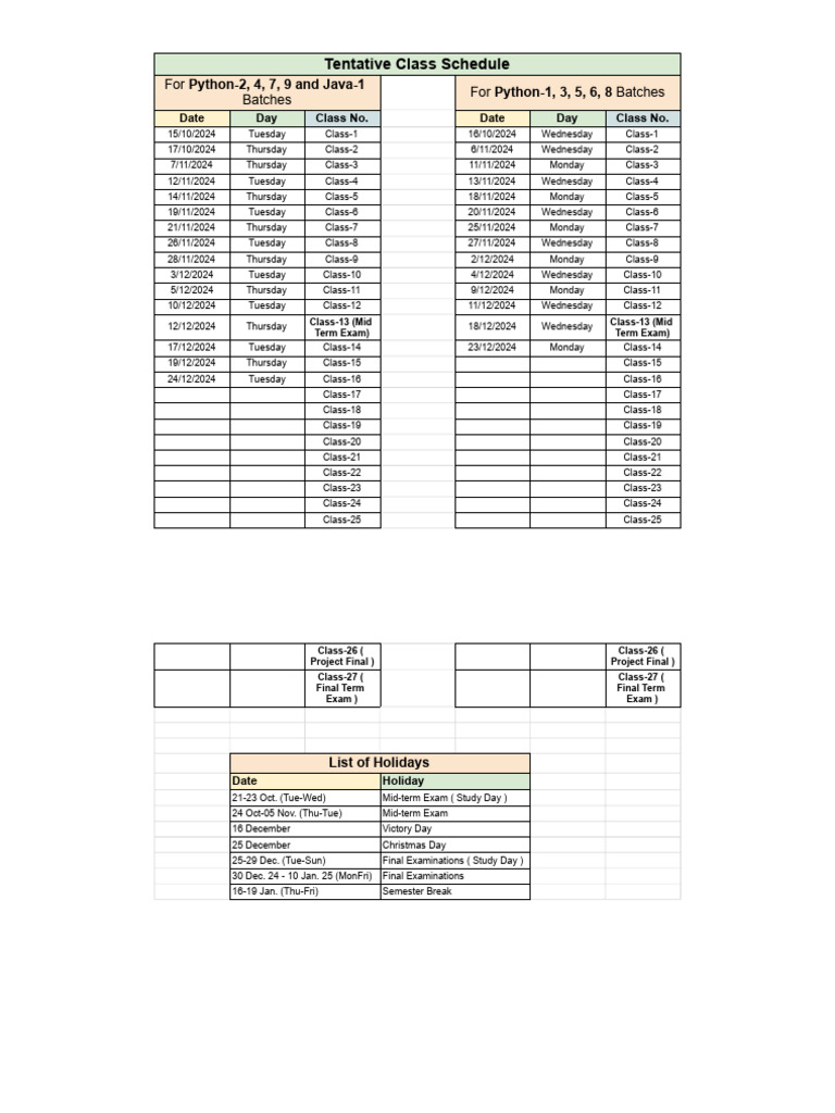 Tentative Class Schedule - Sheet1 | PDF | Academic Term