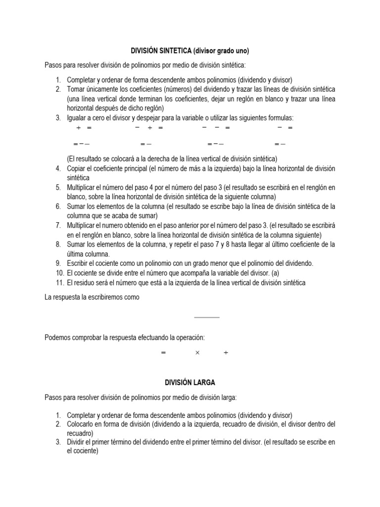 División Sintética y Larga de Polinomios | PDF | División (Matemáticas ...