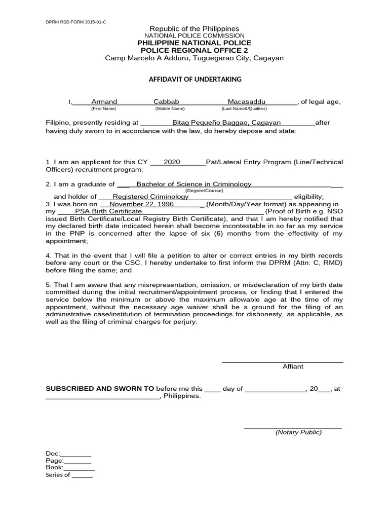 Affidavit of Undertaking for PNP Recruitment | PDF | Affidavit | Legal ...