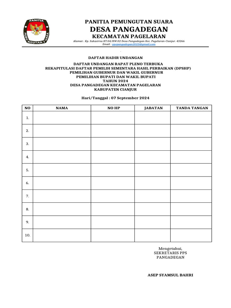 01 Draft Daftar Hadir PPS - PPK - DPSHP | PDF