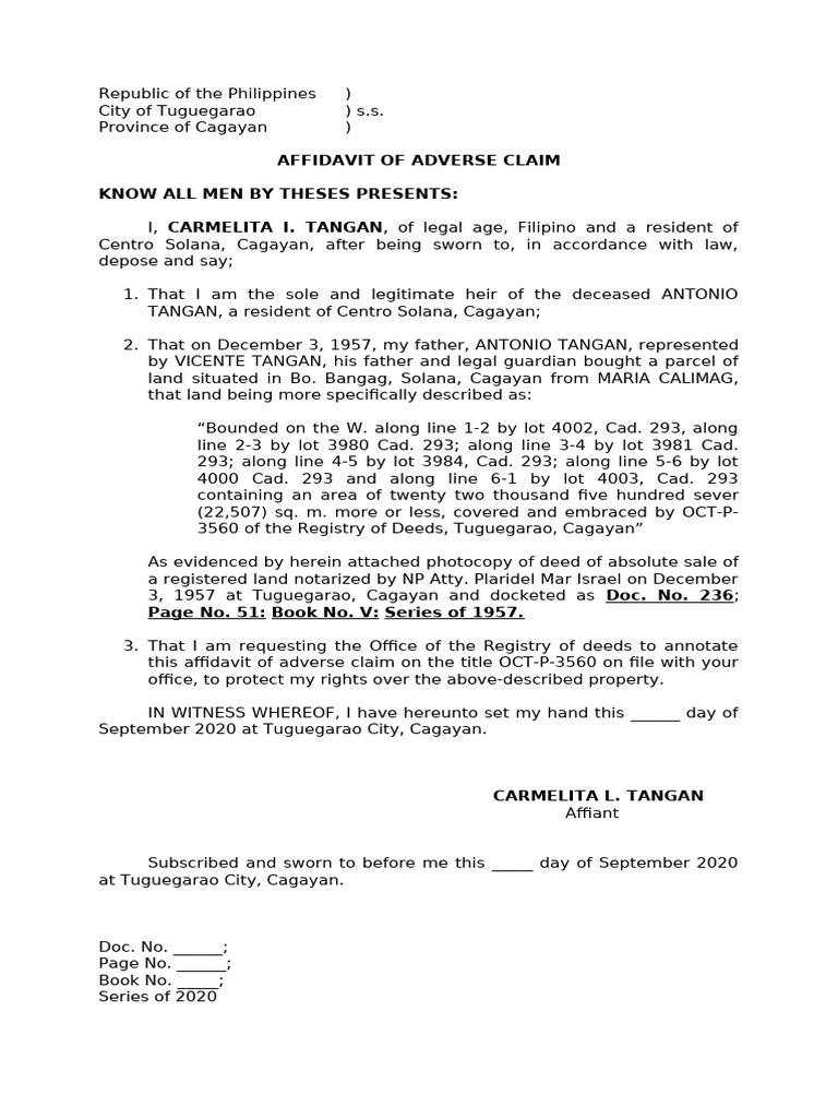Affidavit of Adverse Claim | PDF | Civil Law (Common Law)