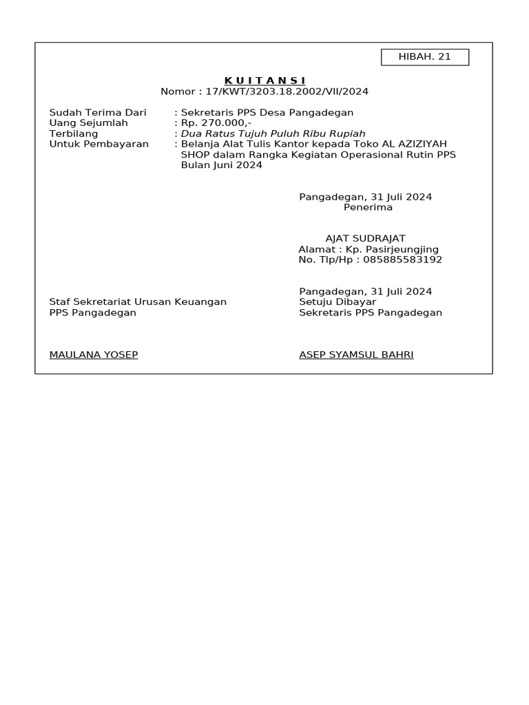 Kuitansi Pembayaran PPS Pangadegan | PDF