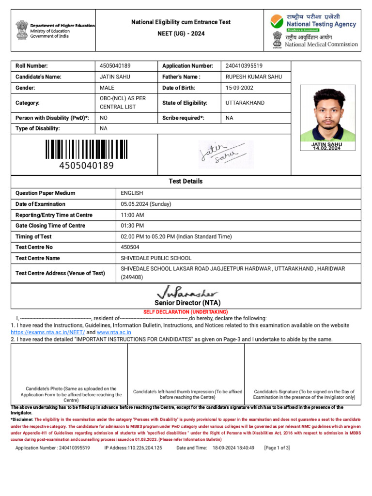 Neet - Ntaonline.in Frontend Web Admitcard Index | PDF | Identity Document