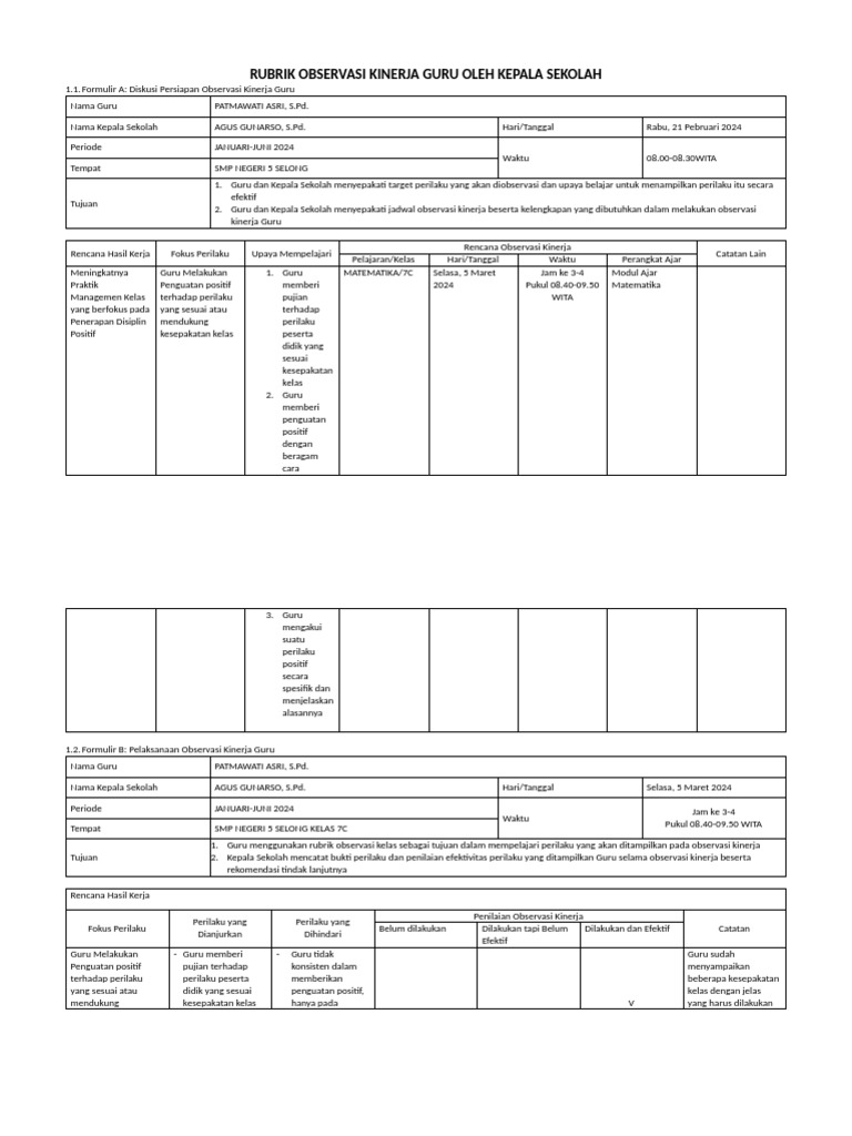 PATMAWATI ASRI, S.Pd. FORMA A Dan B Observasi | PDF